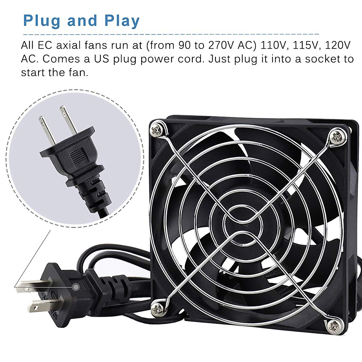 GDSTIME 90mm EC Axial Cooling Fan 92mm x 25mm AC 110V 115V 120V 220V 240V Dual Ball Bearing Small Brushless Exhaust Fan AC Powered Cord with ON/Off Switch