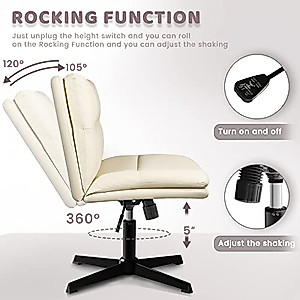 LEMBERI PU Leather Armless Office Desk Chair No Wheels,Criss Cross Legged Home Office chairs, Wide Padded Swivel vanity chair,120°Rocking Mid Back Ergonomic Computer Task Chair for Make Up,Small Space
