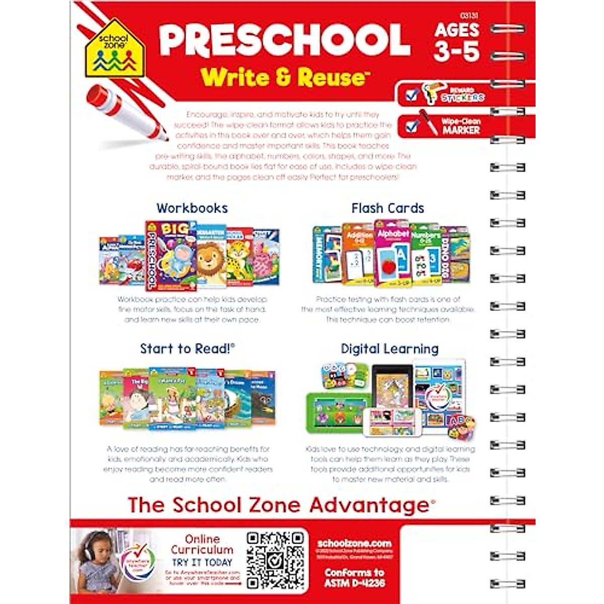 School Zone Write & Reuse Workbook for Preschool: Reusable Wipe-Clean Spiral Bound Learn and Practice Writing Book, Dry Erase Marker, ABC’s, Shapes, and More