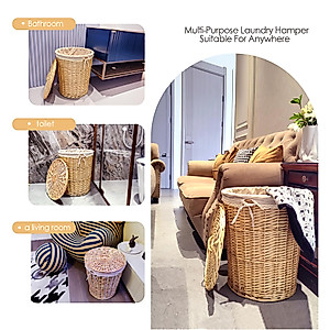 Winsterch Handwoven Laundry Hamper,Wicker Laundry Basket with Lid and Handles,Dirty Clothes Hamper Laundry Basket with Removable Liner Bag,Laundry Basket (Round)