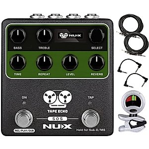 Briskdrop NUX NDD-7 Tape Echo Delay Effects Pedal - Bundle with 2 Instrument Cables, 2 Patch Cables, and Snark Tuner