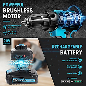 Saker Cordless Drill Set, Brushless 20V Electric Drill with Drill Bits, 3/8-Inch Keyless Chuck, 2 Variable Speeds, 430 In-lbs Torque Battery Power Screwdriver Driver for Plastic, Wood, Metal, Screws