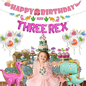 Mpanwen Girl Dinosaur Birthday Party Decorations, Three Rex Pink Dinosaur Dino Party Supplies for Girls Baby - Banner, Cake, and Cupcake Toppers, Balloons