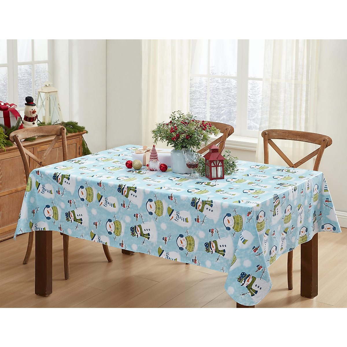 Newbridge Blue Snowy Snowman Print Flannel Back Vinyl Christmas Tablecloth - Cute Snowmen in Sweaters and Scarves Xmas Winter Holiday Wipe Clean Easy Care Tablecloth, 60” x 102” Oblong/Rectangle