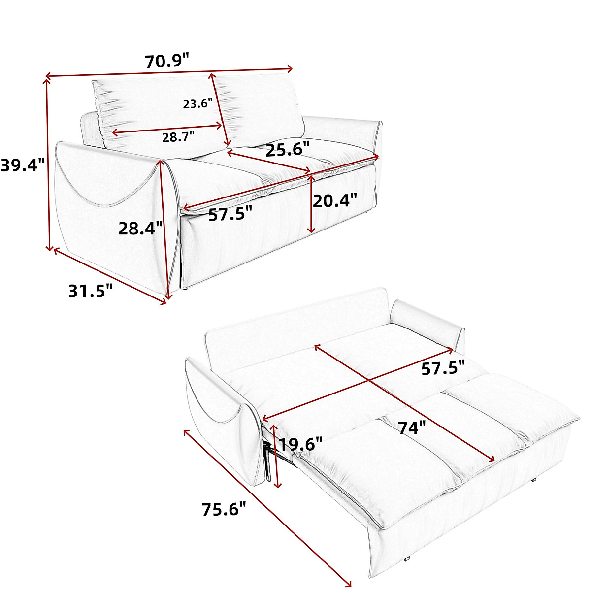 70.9" Convertible Queen Size Sleeper Sofa Bed, Folding Futon Loveseat Pull Out Couch Modern Hydraulic System Pullout Sofabed Cloud Daybed with Detachable Cushions for Living Room Office Apartment