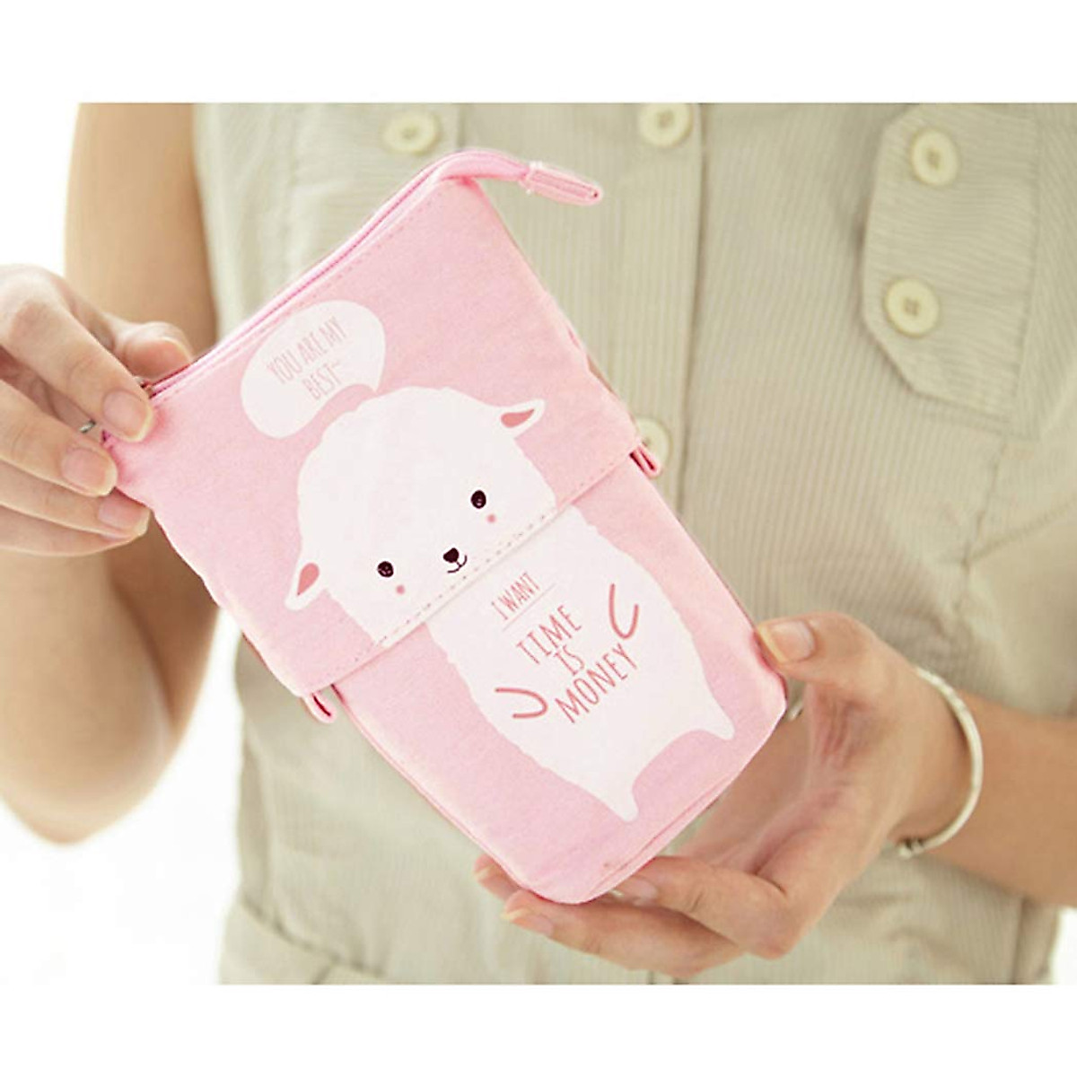 iSuperb Cartoon Telescopic Stand Up Pencil Case Pen Bag Cute Animal Office Student Stationery Bag Cosmetic Organizer Pouch (White Sheep)