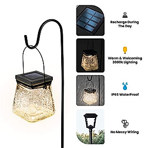 Landia Home 2 Packs Solar Crackle Glass Solar Lanterns Light Hanging Outdoor Waterproof 10 Lumens 3000K Decorative Large Crackle Glass Garden LED Lights, No Wiring for Patio Backyard Garden Holidays