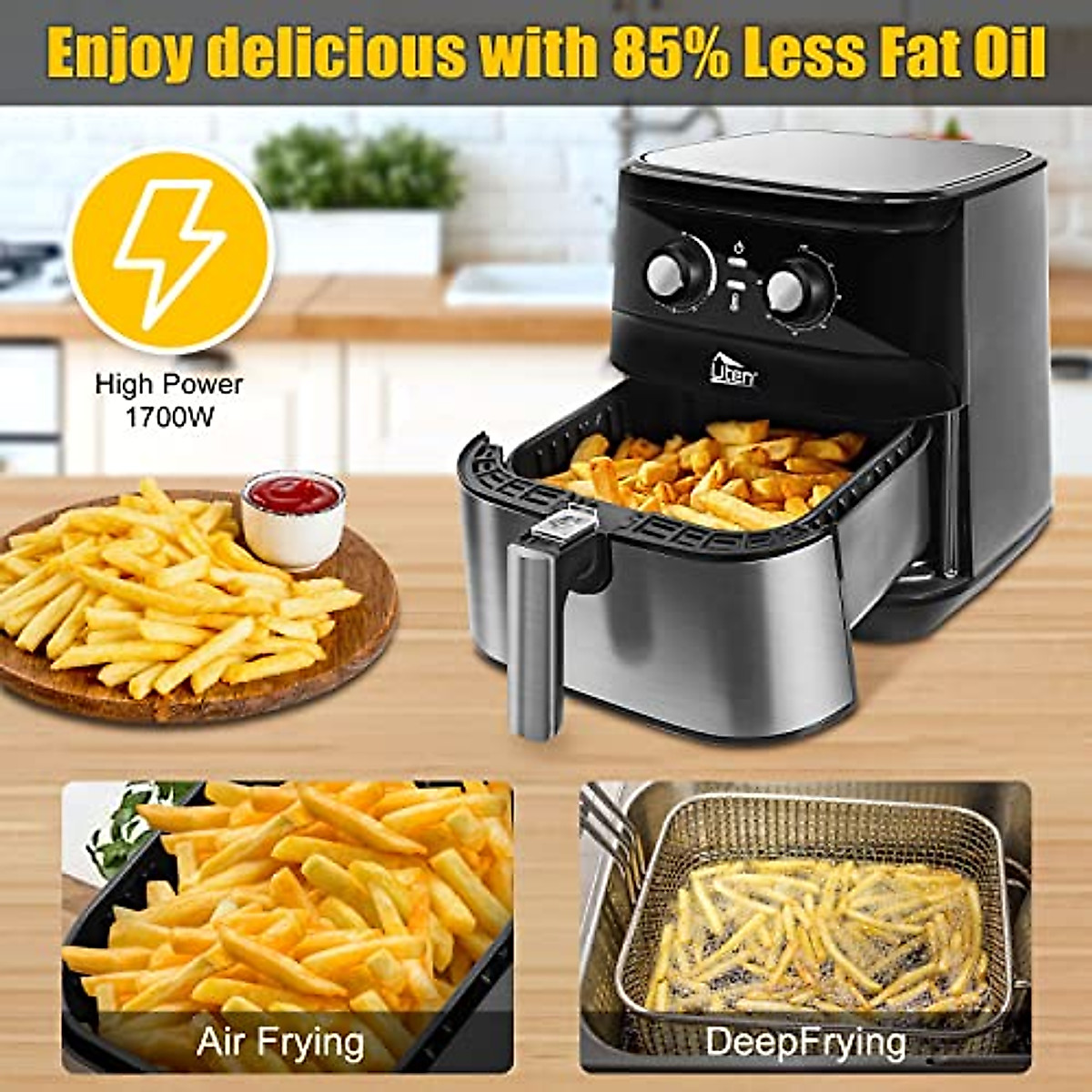 Air Fryer 5.8Qt/5.5L, Uten Electric Hot Air Frier Cookers with Temperature Control, Large Air Fryer - Timer, Nonstick Fry Basket, 1700W High-power, Fast Oven Oilless Cooker, Dishwasher Safe.