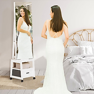 Alkmaar 360° Swivel Jewelry Armoire, Floor Standing Locking with Full Length Mirror,Bottom Drawer, Shelf, Wheels,White Cabinet with Large Storage Capacity (White push-pull)