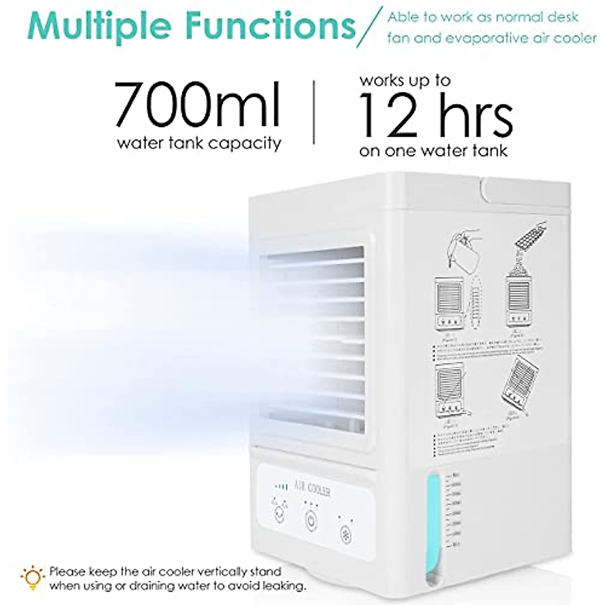 Portable Air Conditioner, 5000mAh Rechargeable Battery AC, 120° Oscillation 700ml Water Tank with 3 Wind Speeds, Perfect for Bedroom, Home, Office, Camping, Travel