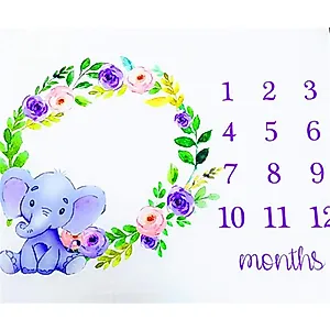 Baby Monthly Milestone Blanket Newborn Girls Purple Flower Elephant Photo Props Shoots Backdrop Personalized Photography Growing Infants Toddlers Swaddle Blanket Includes Wreath Frame