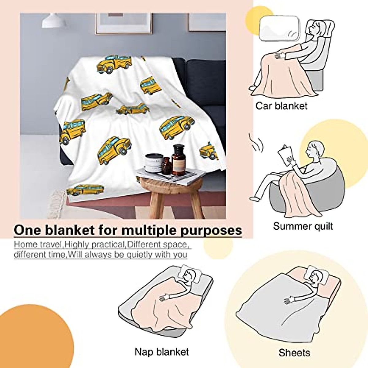 Fluffy Flannel Throw Blanket, School Bus Decorative Blanket, Soft Plush Blanket, Warm Cozy Fleece Blanket Throw, Breathable Blanket Throw for Couch Bed Sofa Home Decor 50"x60"