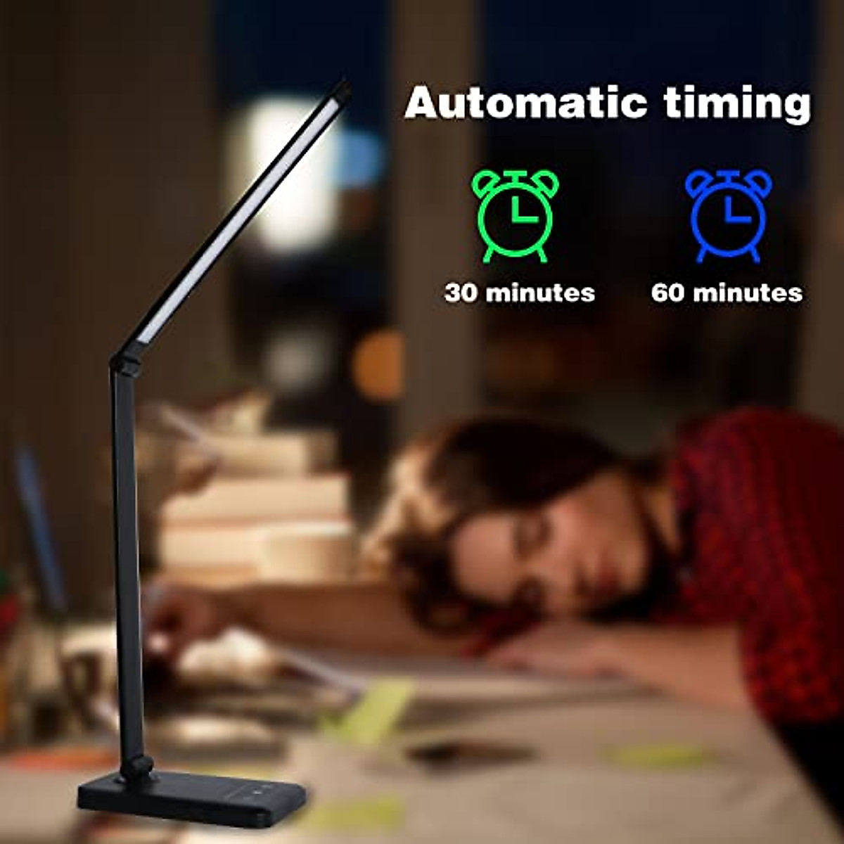 Kitys Fatch LED Touch Sensing Desk Lamp with USB Charging Port, 5 Lighting Modes, 5 Levels of Brightness, 30/60 Minutes Auto Timer, Foldable Desk Lamp for Bedroom, Study Room, (Black)