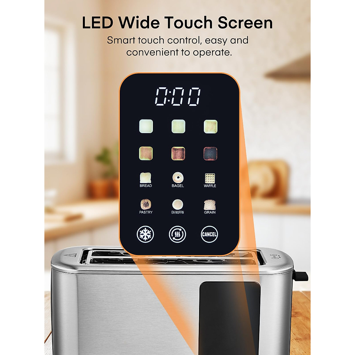 4 Slice Toaster Touch Screen Control, Long Extra Wide Slots Smart Bread Toaster, 6 Bread Types & 6 Shade Settings, Stainless Steel Toaster, with Removable Tray, Cancel/Defrost/Reheat Function, Sliver