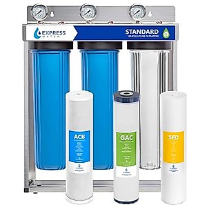 Express Water Whole House Water Filter System - 3-Stage Water Filtration System with Sediment, GAC & Carbon Filters - Reduce Chlorine - Clean Drinking Water - Stainless Steel - Water Pressure Gauge