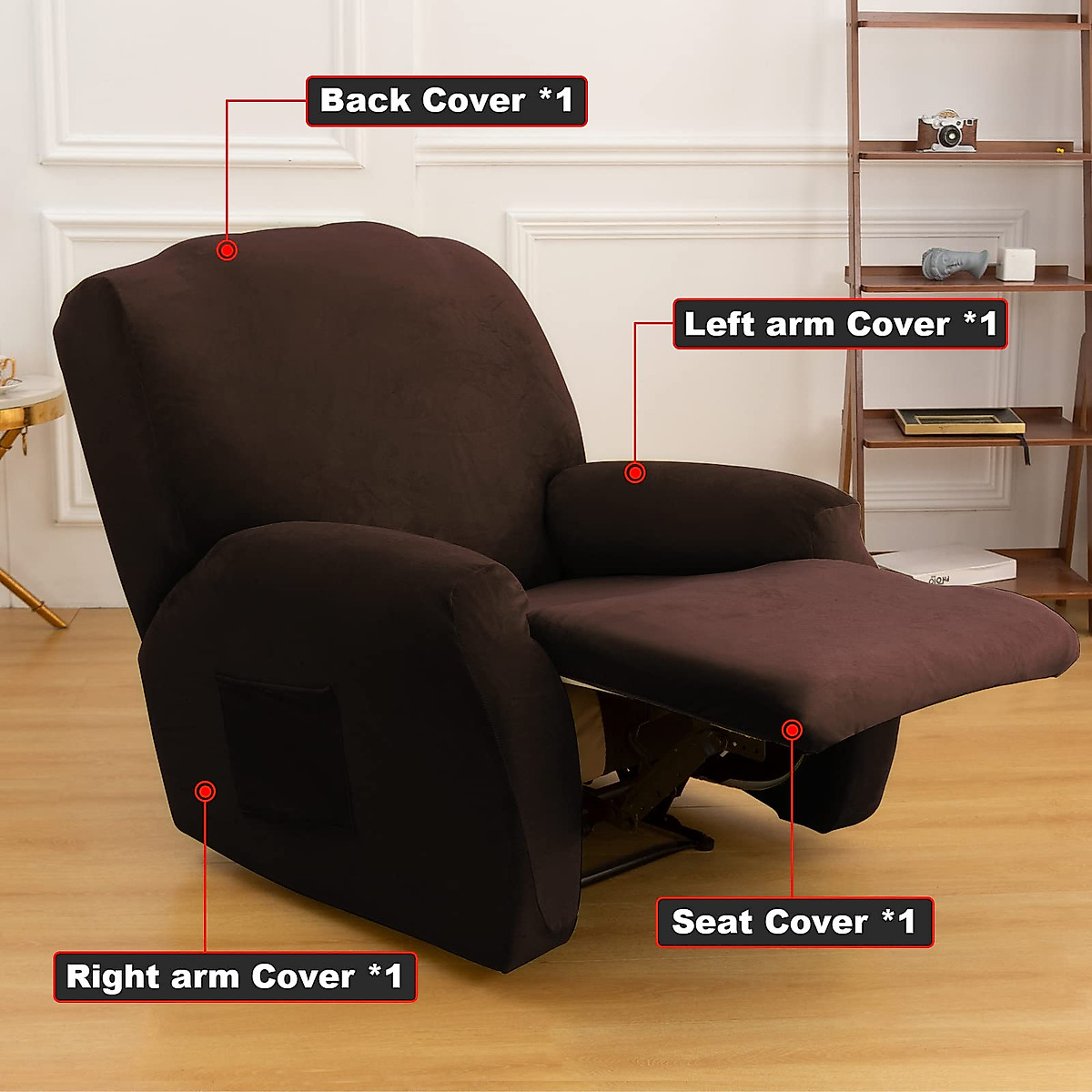 OKYUK Recliner Slipcovers 4-Pieces, Oversized Recliner Stretch Sofa Cover 1 Seat Couch Soft Furniture Protector with Elastic Velvet Fabric, Single Seat Recliner Couch Cover, Machine Washable(Coffee)