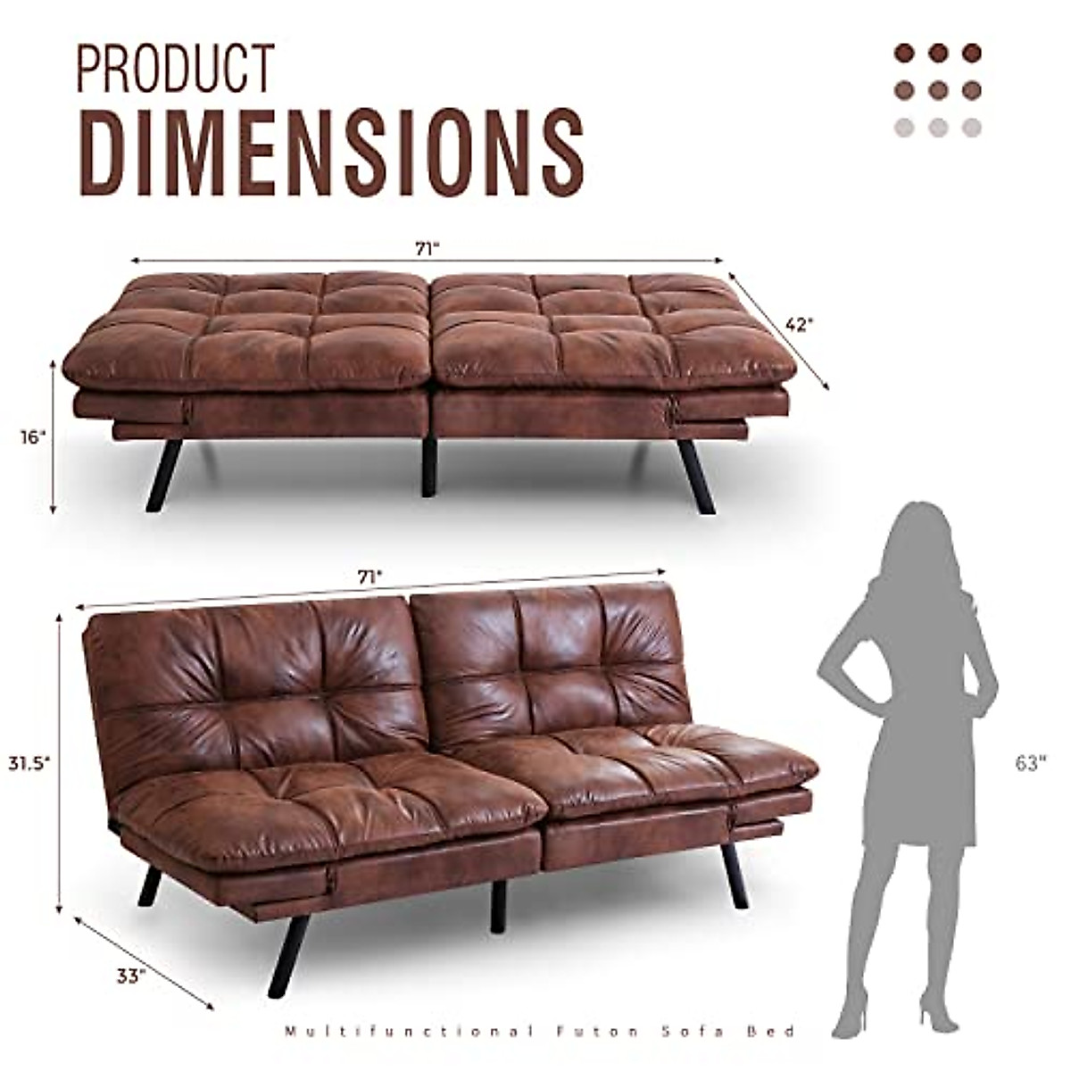 IULULU Futon Sofa Bed, Faux Leather Couch, Modern Convertible Sleeper Daybed with Adjustable Armrests for Studio, Apartment, Office, Small Space, Compact Living Room, Brown