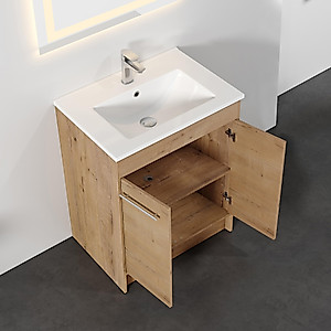 Dowell Oak Natural Bathroom Vanity with Ceramic Sink Combo, Modern Bathroom Cabinet with Soft-Close Door, Freestanding Single Bathroom Vanity Set (24 Inch)