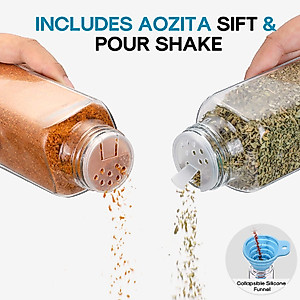 Aozita 14 Pcs Glass Spice Jars with Spice Labels - 8oz Empty Square Spice Bottles - Shaker Lids and Airtight Metal Caps - Chalk Marker and Silicone Collapsible Funnel Included
