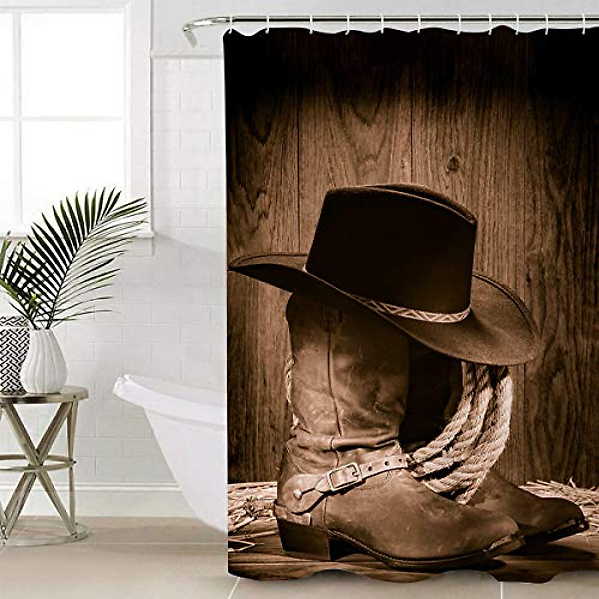 Bathroom Accessory Sets Toilet Lid Cover Sets with Non-Slip Bath Mat Cowboy Hat and Old Ranching Rope On Wooden Display Rodeo Cowboy Style 4pcs Waterproof Shower Curtain 66x72in for Bathroom Toilet