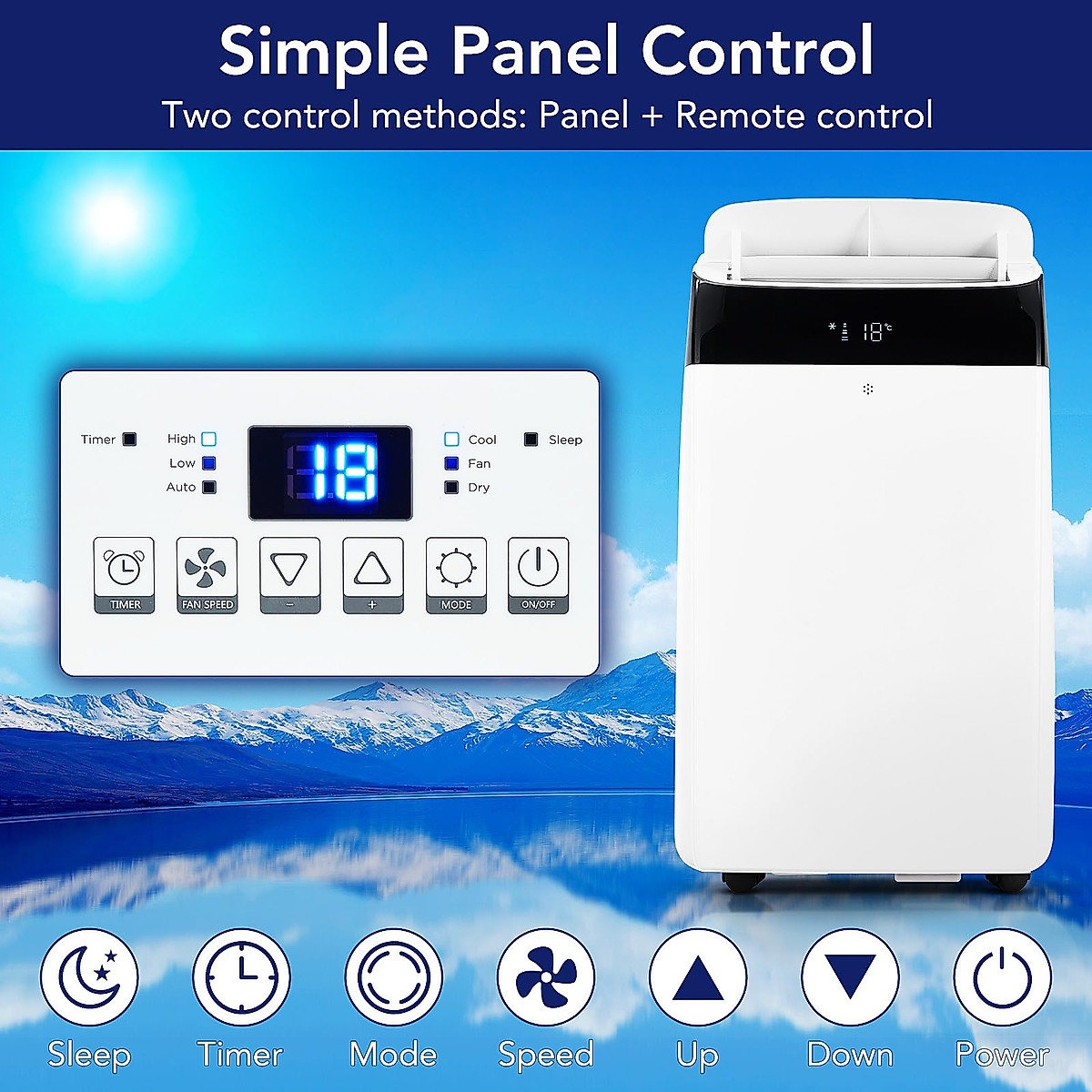 14,000 BTU Portable Air Conditioner Powerful Cooling up to 750 Sq.Ft, 3-in-1 AC Unit with Dehumidifier & Fan Mode Efficient Energy Saving, Ultra-Quiet, Remote Timer Control For Home, Office, School