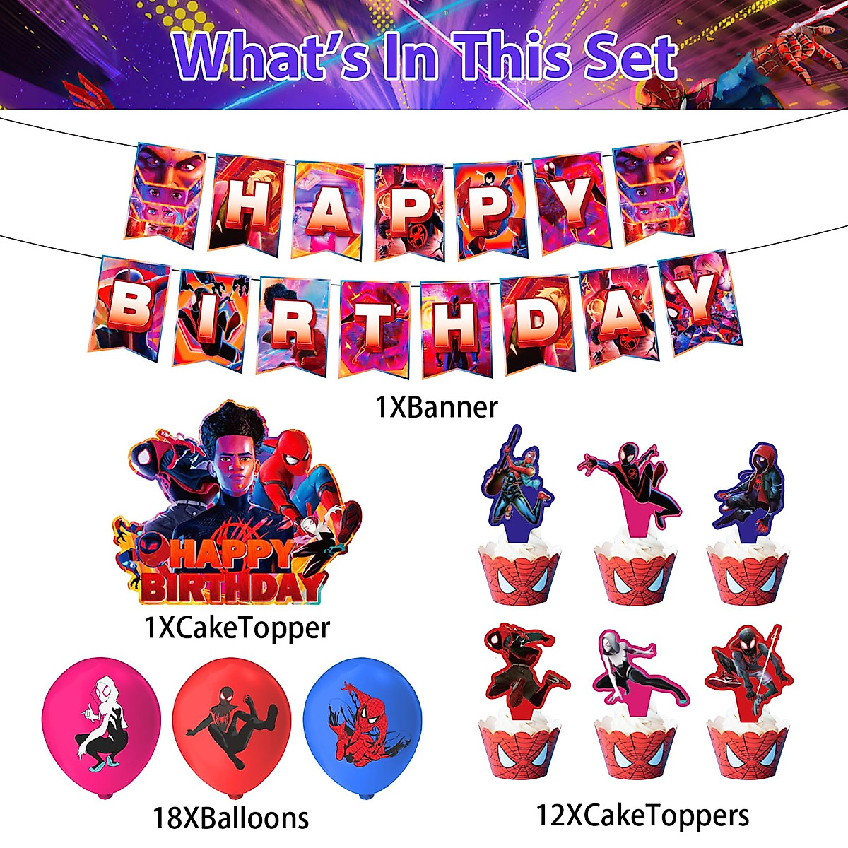 Miles Morales Party Supplies Spider Birthday Decorations for Boys Include Happy Birthday Bannner, 18 Latex Balloons, 1 Cake Topper and 12 Cupcake Toppers for Across Spider Party Decorations