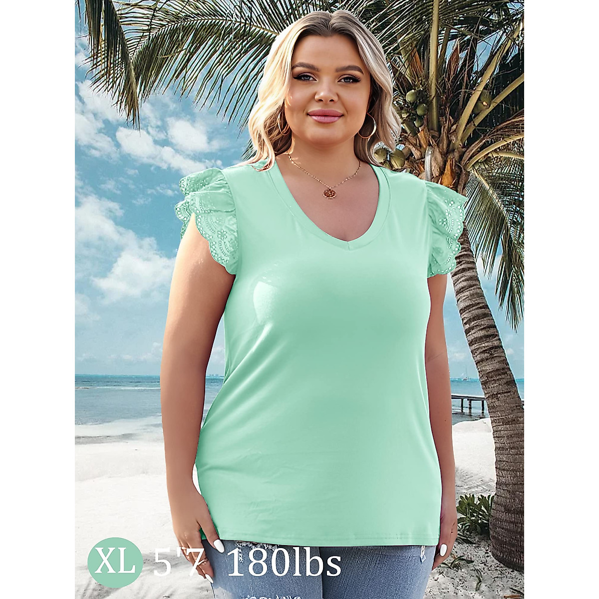 AGSEEM Tank Tops for Women Casual Summer V Neck Eyelet Lace T-Shirts Light Green M, Aqua Green