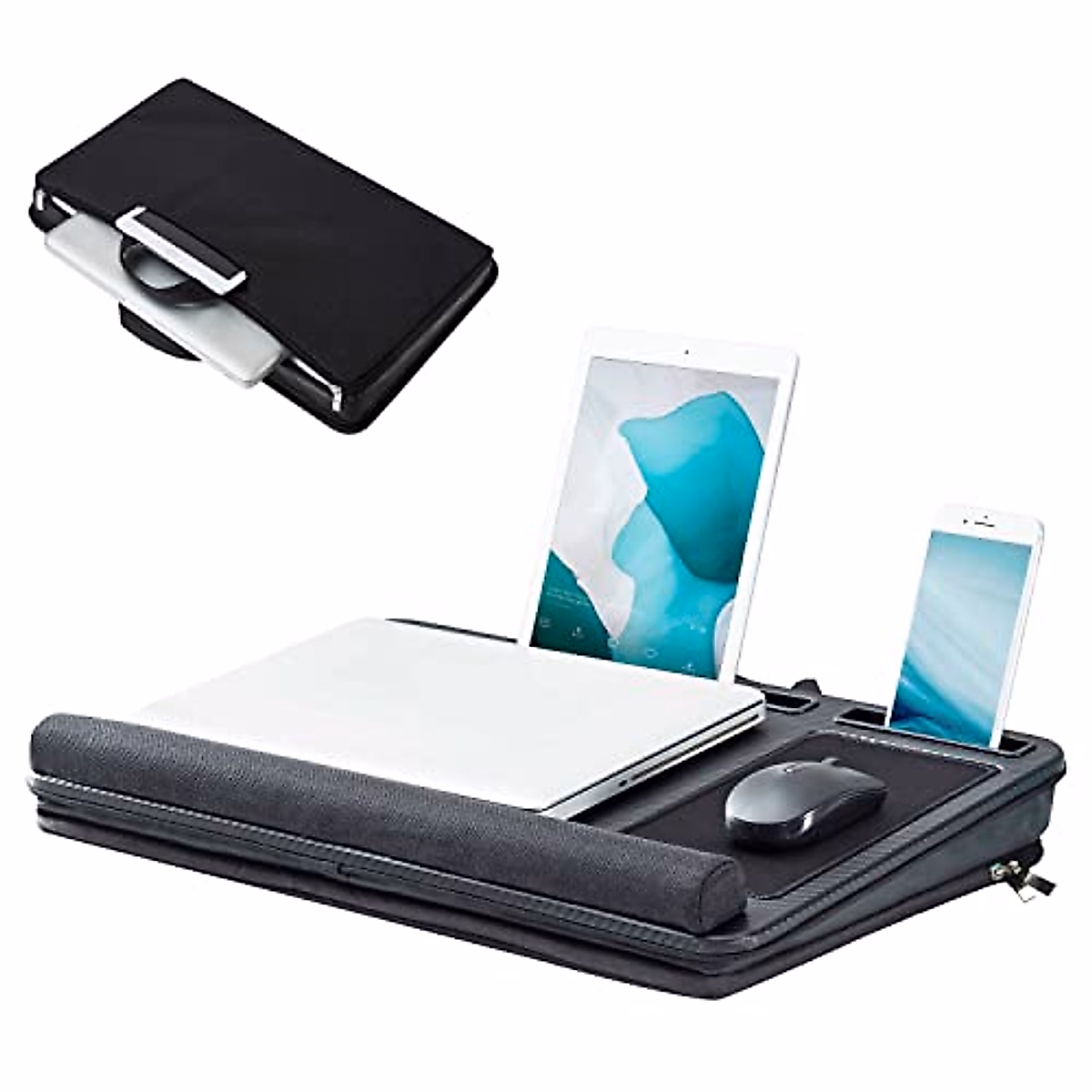 Laptop Lap Desk with All in One Bag to Hold Laptop Computer up to 17.3 Inch, Home Office Bed Desk with Cushion Sofa Desk, Laptop Stand with Wrist Pad (Black Carbon)