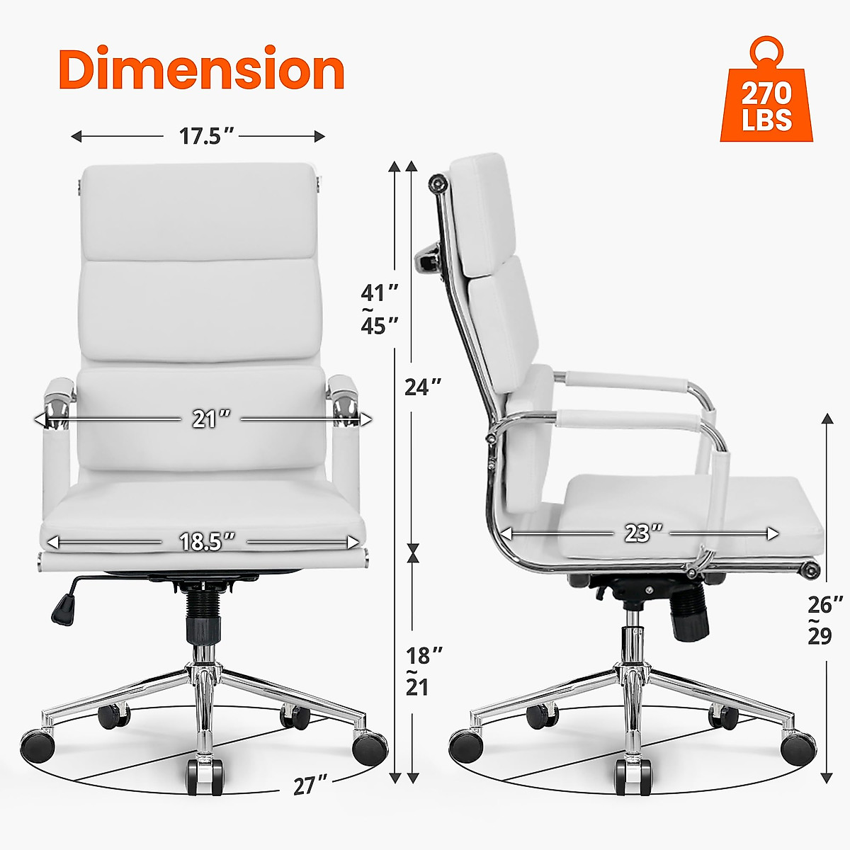NEO CHAIR Office Desk Ergonomic Chair Leather Executive High-Back Modern Conference Comfy Adjustable Padded Swivel Rolling Home Vanity Chairs with Arms Wheels (White)