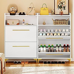 YITAHOME Shoe Cabinet with 2 Flip Drawers, Modern Shoe Storage Cabinet with Open Shelves for Entryway, Free Standing Hidden Shoe Rack Storage Organizer with Gold Metal Handle and Legs, White