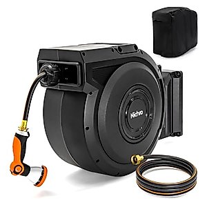 Nichro Retractable Garden Hose Reel Wall Mount, 1/2"×100 ft Automatic Garden Hose Reel with Cover and 10 Pattern Hose Nozzle, Auto Rewind/Any Length Lock/180° Swivel Bracket for Garden Watering
