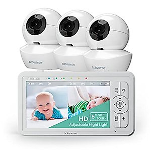 Babysense 5" HD Split-Screen Baby Monitor, Video Baby Monitor with Camera and Audio, Three HD Cameras with Remote PTZ, Night Light, 960ft Range, Two-Way Audio, 4X Zoom, Night Vision, 4000mAh Battery