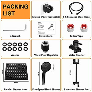 Koeka Matte Black High Flow Stainless Steel Shower Hand with Powerful Spray Long Hose, High Pressure 5-Setting Handheld Showerhead, Rainfall Showerhead with Height/Angle, 8 Inch, RF-011