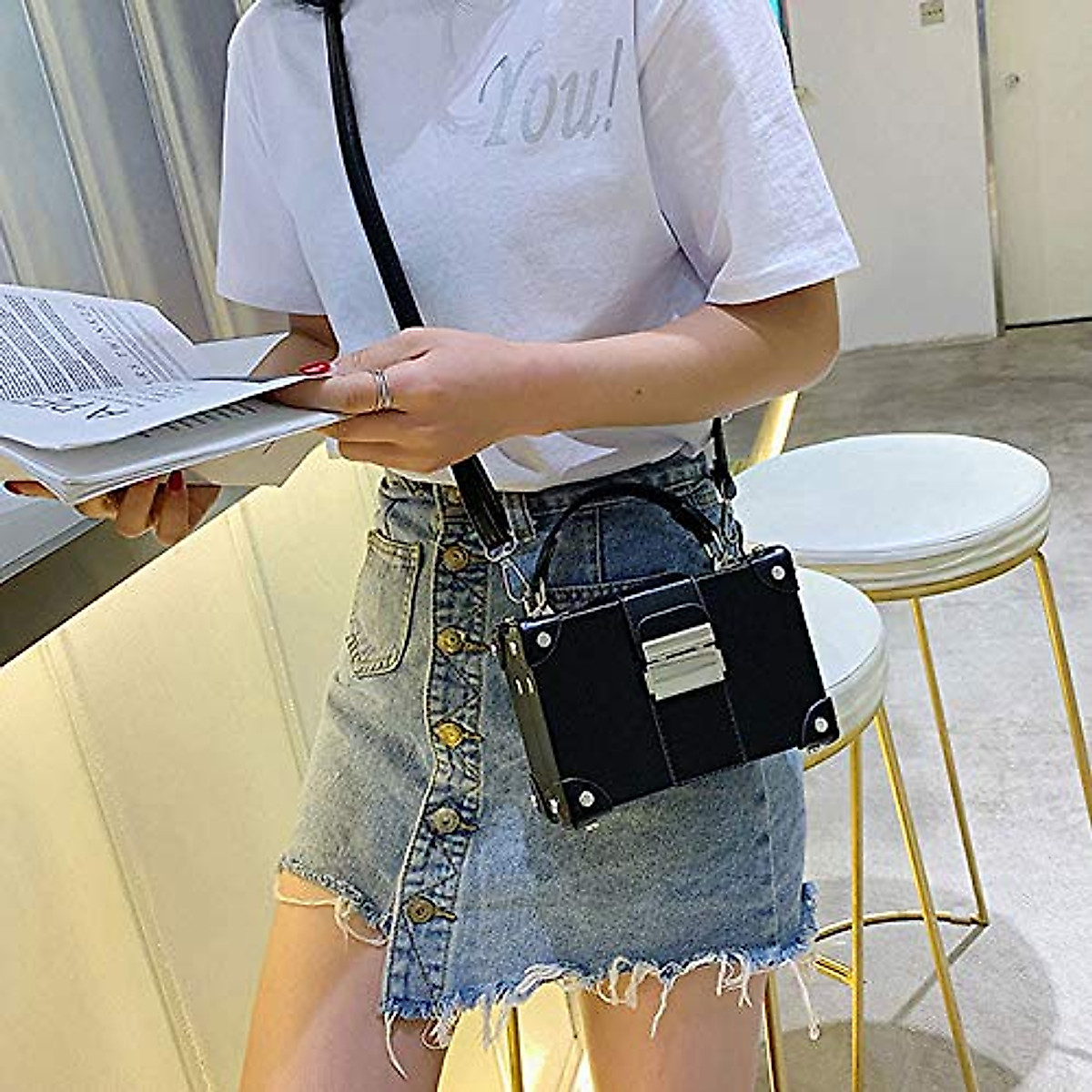 Van Caro Women Evening Clutch Bag,PU Leather Square Box Shoulder Handbag for Wedding Party Tote Purse Black