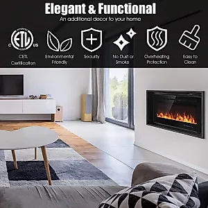 Tangkula 36 inches Electric Fireplace Insert with Thermostat, in-Wall Recessed and Wall Mounted 1500 W Faux Fireplace, Touch Screen Control, 9 Flamer Color, Temperature Control & Timer (36 inches)