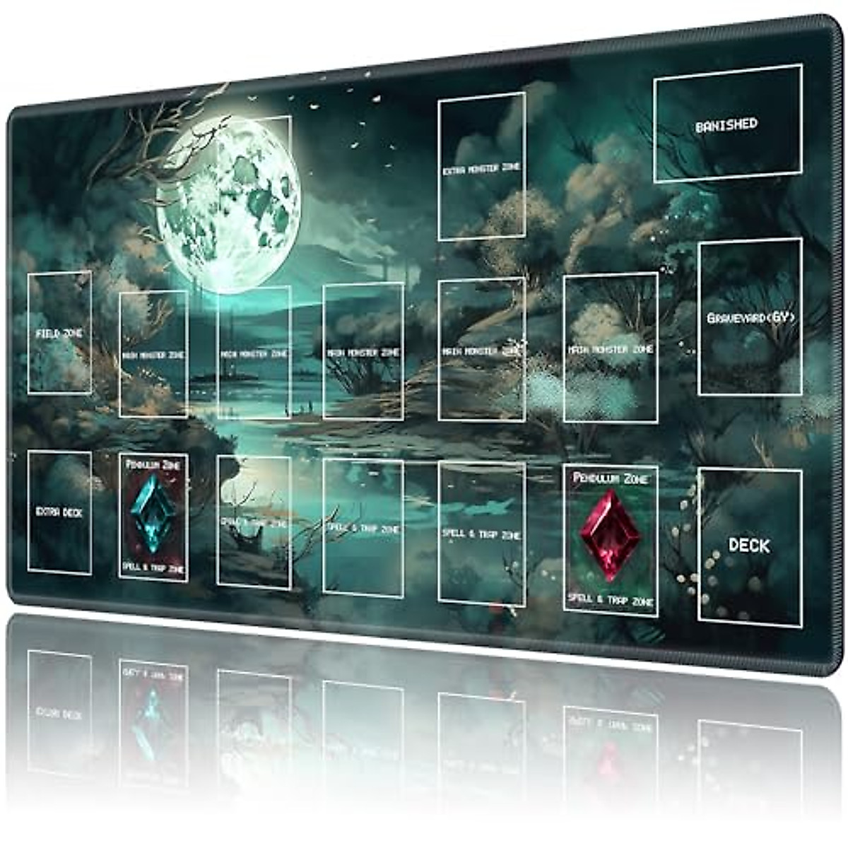 Playmat for OCG, Game Play Mat for TCG CCG 24 x 14 inch with Non-Slip Rubber Base and Stitched for Board Games and Table Magic, Moon and River at Night
