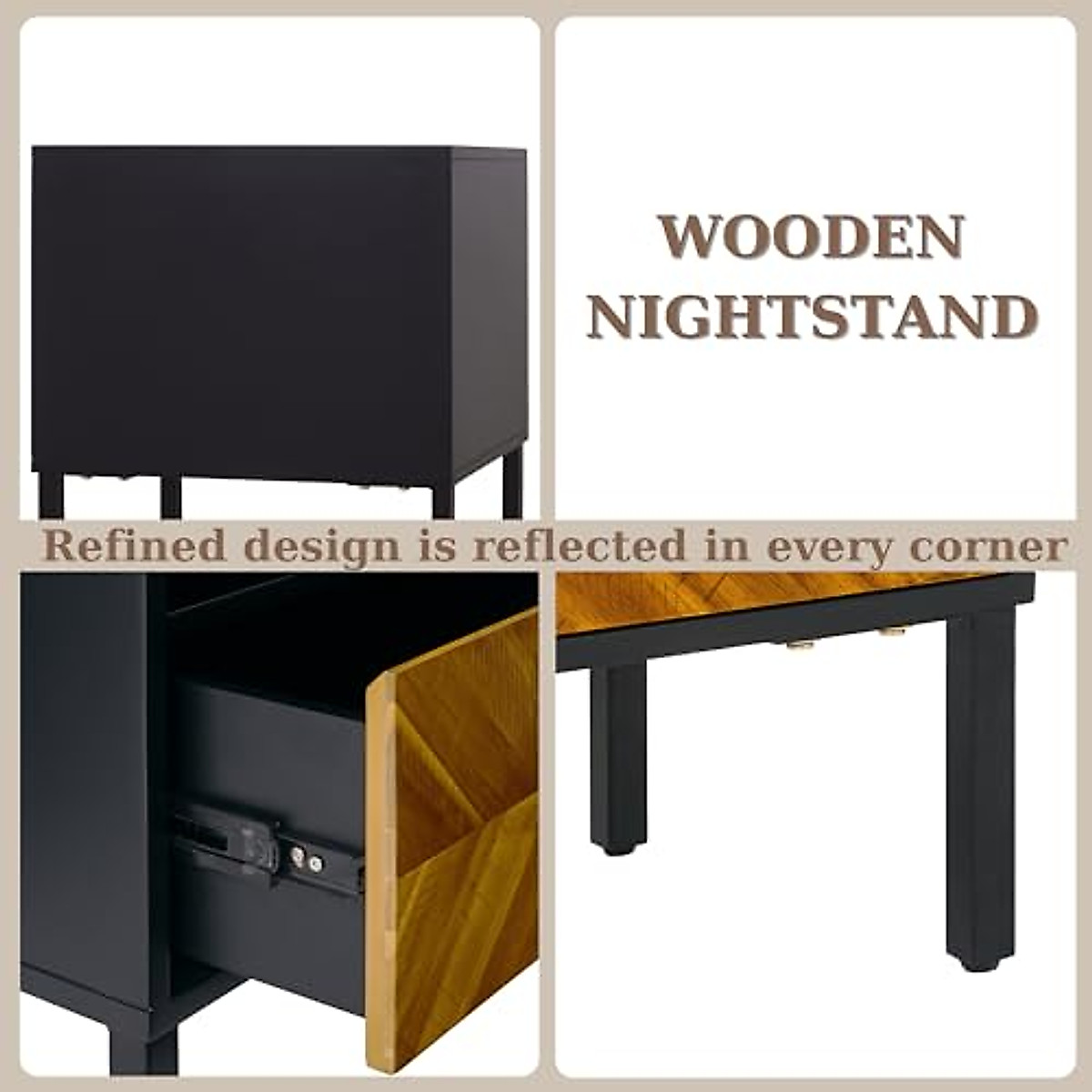 Bme Vivian Solid Wood Nightstand, End Table, Bedside Table with Herringbone Pattern for Rustic Bedroom, Easy Assembly, Rustic Golden Brown and Black