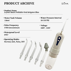 LEJOUR Water Flossers for Teeth,Cordless Water Dental Floss Folding Portable Oral Irrigator,Rechargeable Powerful Battery Life Water Dental Picks with 4 Modes 5 Jet Tips IPX7 Waterproof, Travel Bag