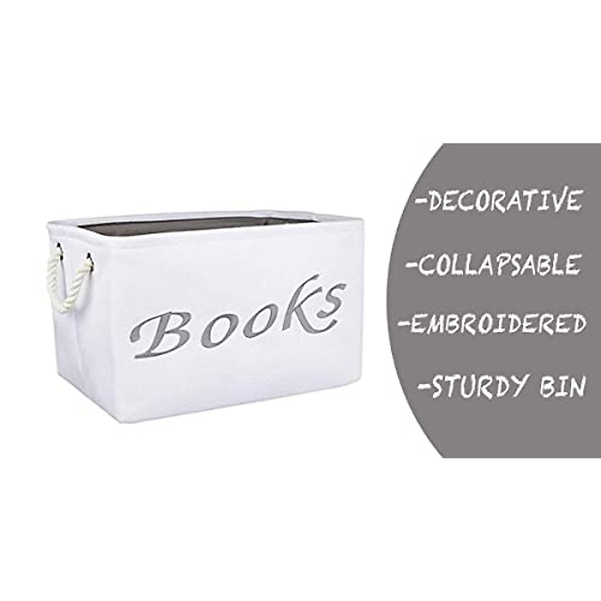 Embroidered Tote Bin - Storage Basket for Nursery - Large Storage Box - Organizing Bedroom, Closet, Classroom (White Book Basket)