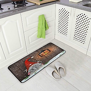 STAYTOP Christmas Kitchen Rugs, Winter Traditional Gnome Santa Claus Lantern Wood Pattern Area Rug Non Slip Floor Mat Doormat Anti Fatigue Comfort Standing Mat for Hallway Bedroom