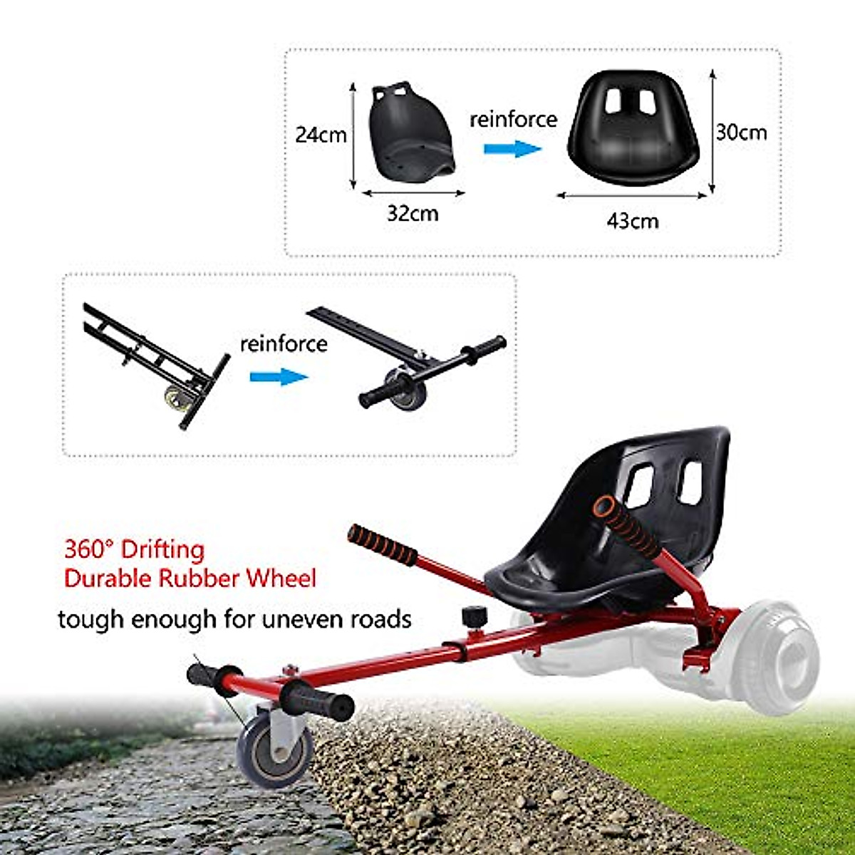 KKA Hoverboard seat Attachment for 6.5”-10” Hoverboard, go Kart Conversion kit, Accessory for self Balancing Scooter, Transform Your Hoverboard into a go cart, red