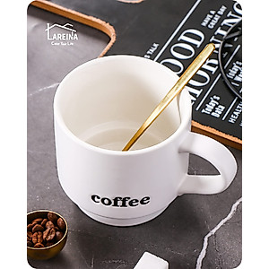 Lareina Porcelain Stackable Coffee Mug Set With Rack and Spoons, 15 Ounce Cappuccino Cup Set of 4 for Specialty Coffee Drinks and Tea - White