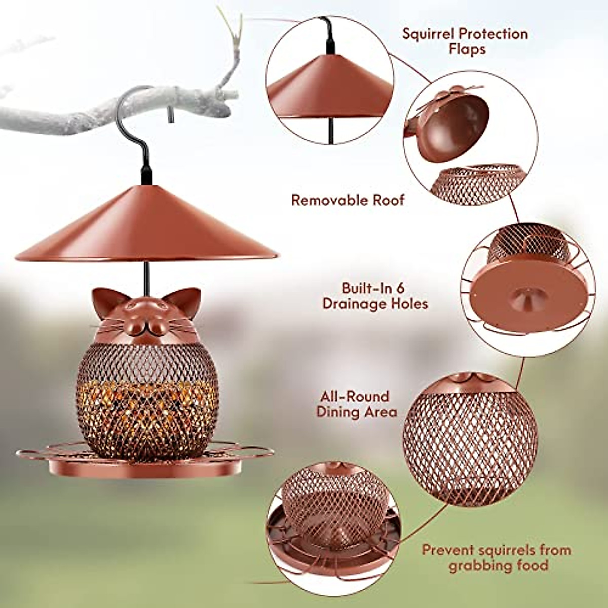 Bird Feeder, Metal Wild Bird Feeders with Baffle and Cute Cat Cover for Outside 2LB Seeds Bird Feeder Hanging Outdoor Easy Cleaning and Filling Best Decorations for Family