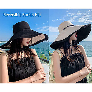 Packable Large Brim Sun Hat for Women - 6.7" Wide-Brim UV-Protection Women's-Sun-Beach-Hats with Strap Black