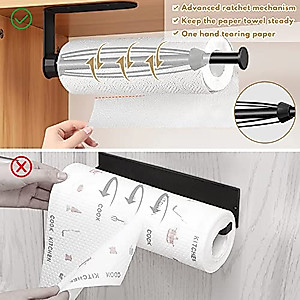 SOAMOEU Paper Towel Holder Under Cabinet, Single Hand Operable Paper Towel Holder Wall Mount with Damping Effect, Self-Adhesive or Drilling for Kitchen, Bathroom (Black)