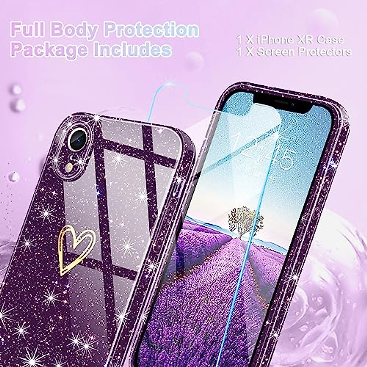 Qviskteme for iPhone XR Case Cute,Clear Glitter with [1 x Tempered Glass Screen Protector] Sparkly Bling Shockproof Bumper Protective Soft Silicone Phone Cover Case for Women Girls(Dark Purple)