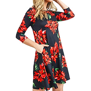 ICONOFLASH Women's Plus Size Christmas Flower Dresses with Pockets XL 3/4 Sleeves Flared Swing Dress Poinsettia Holiday Party Black
