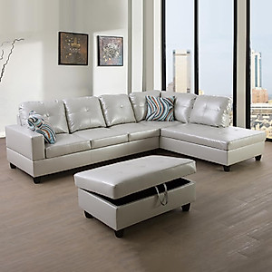 HOMVET Couch Furniture, Sectional Set L Shape Sofa Storage Ottoman for Living Room/Apartment/Office,Right Chaise, Powder Color
