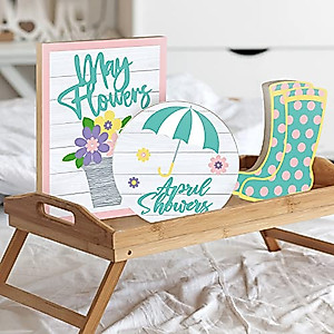 4 Pcs Hello Spring Home Wood Sign April Showers May Flowers Table Decor Signs Rain Shoes Umbrella Farmhouse Kitchen Table Decor Decorative Wooden Signs for Home Decor Spring Party Decorations