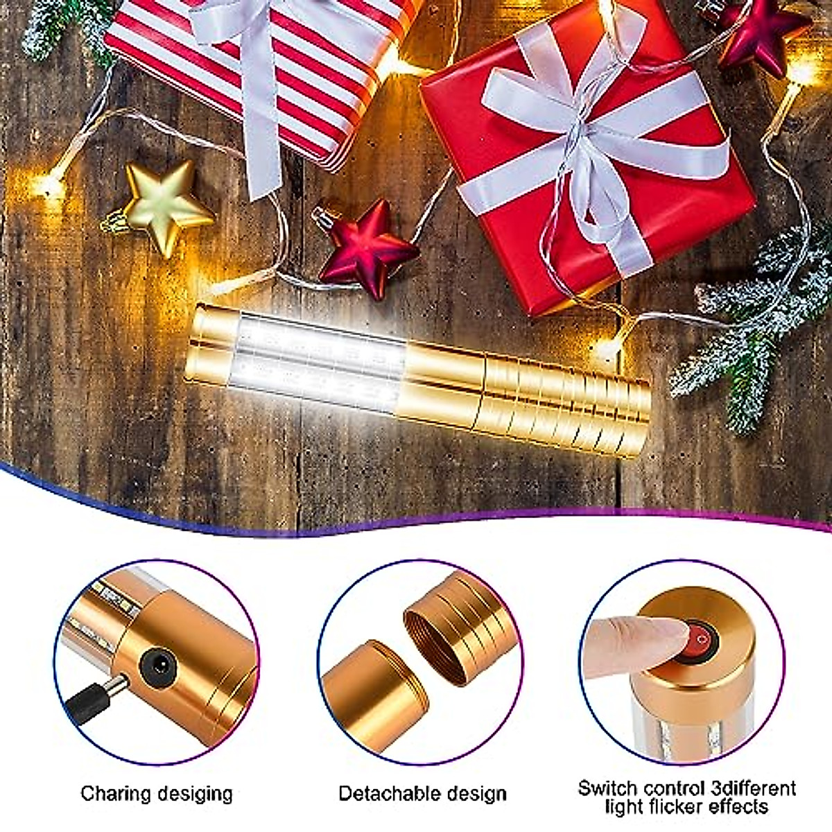 2PCS LED Strobe Baton Light Bright Rechargeable LED Light Club Signs for Bottle Service Reusable Nightclub Parties (Gold+Sliver)